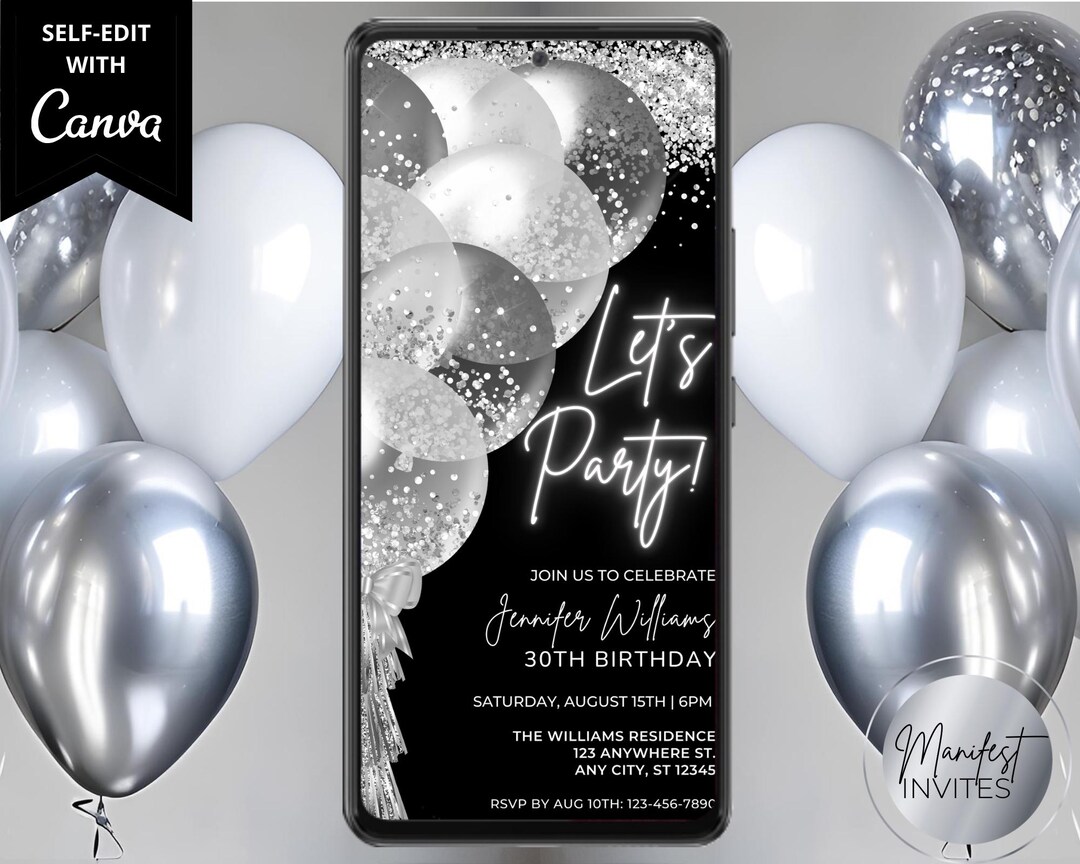 Digital Let's Party White Silver Balloons Birthday Party Invitation ...