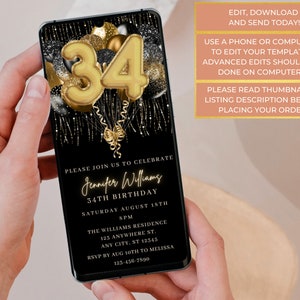 34th Birthday Party Digital Invitation, Electronic 34th Birthday Party ...