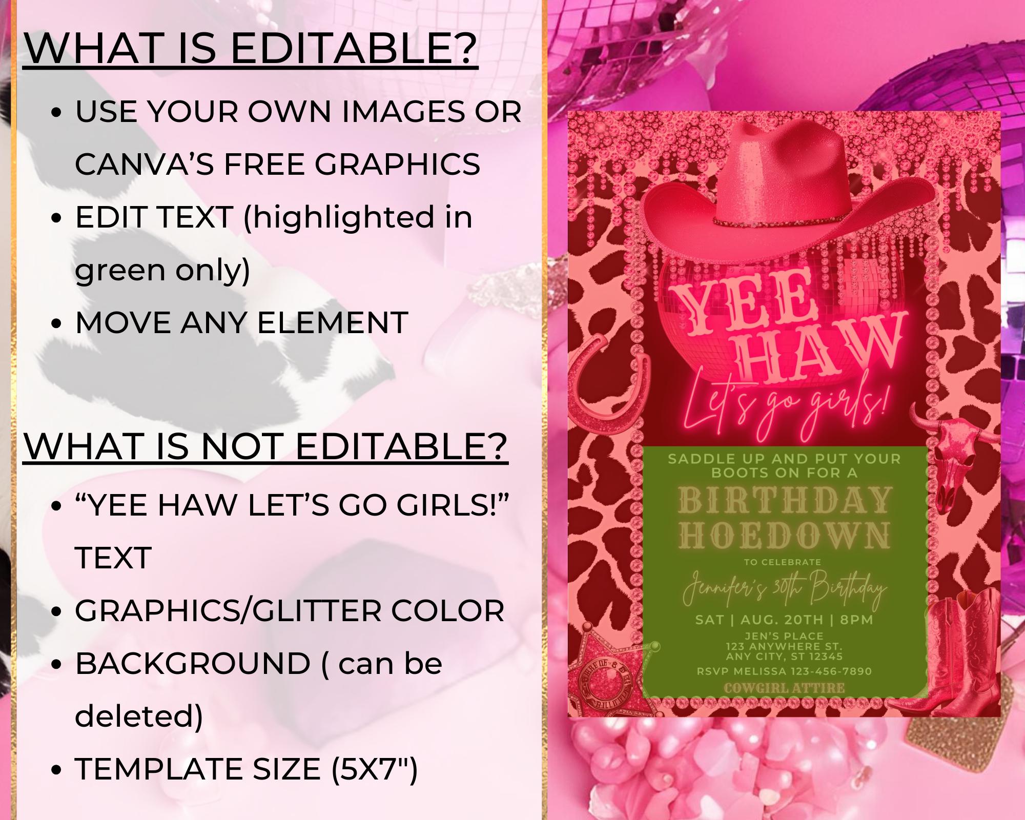Editable Pink Disco Cowgirl Hoedown Birthday Party Invitation ...