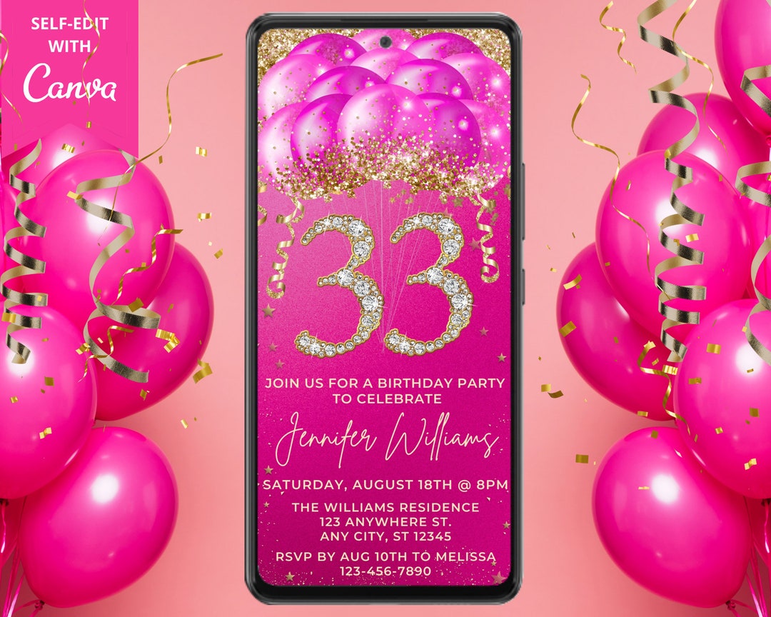 Digital 33rd Birthday Diamond Gold Pink Balloons Party Invitation ...