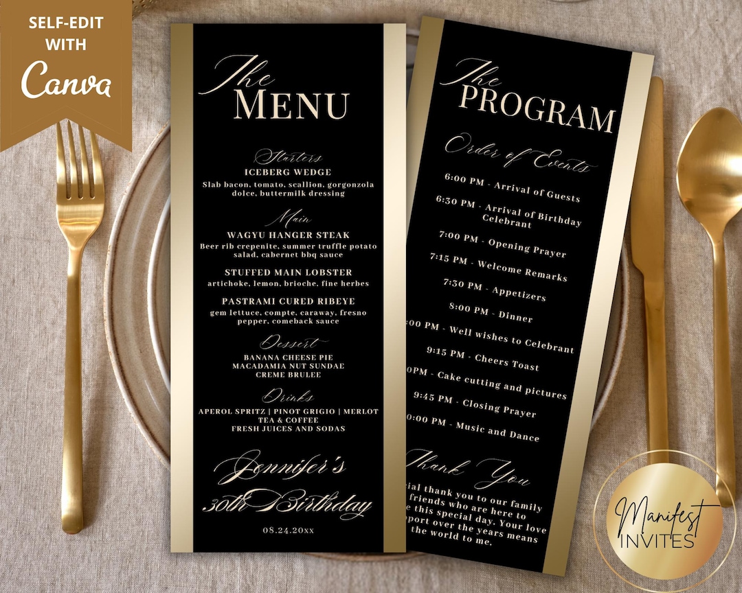Editable Modern Black Gold Menu and Event Program Card Template, Thank ...