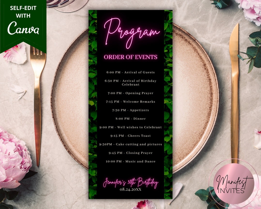 Editable Birthday Event Program Card Template, Birthday Dinner Party ...