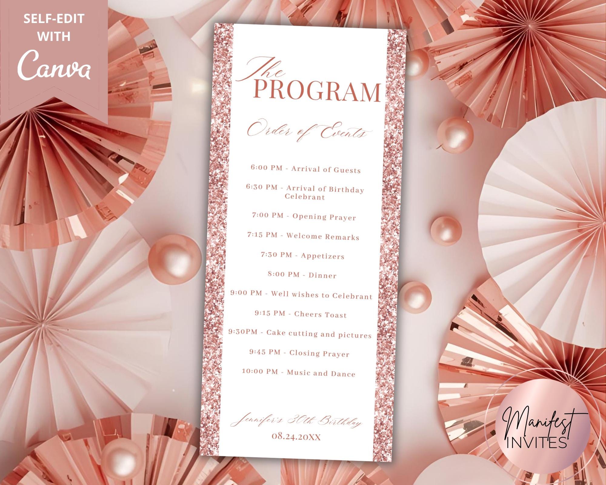 Editable Rose Gold Glitter Birthday Event Program Card Template ...