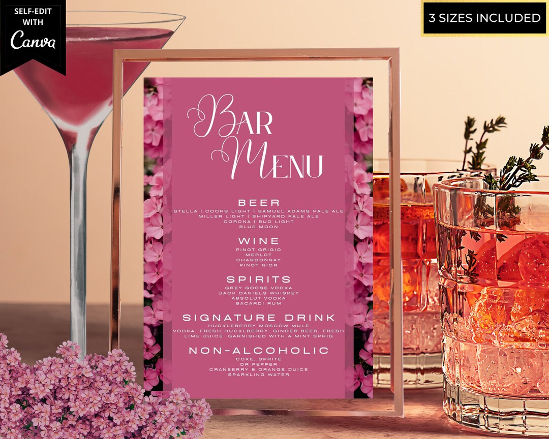 Editable Pink Floral Bar Menu Template, Printable Signature Drink ...