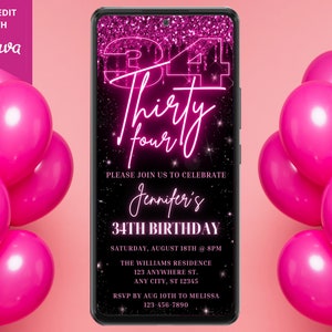 Digital 34th Birthday Party Invitation, Electronic Phone Text Evite ...