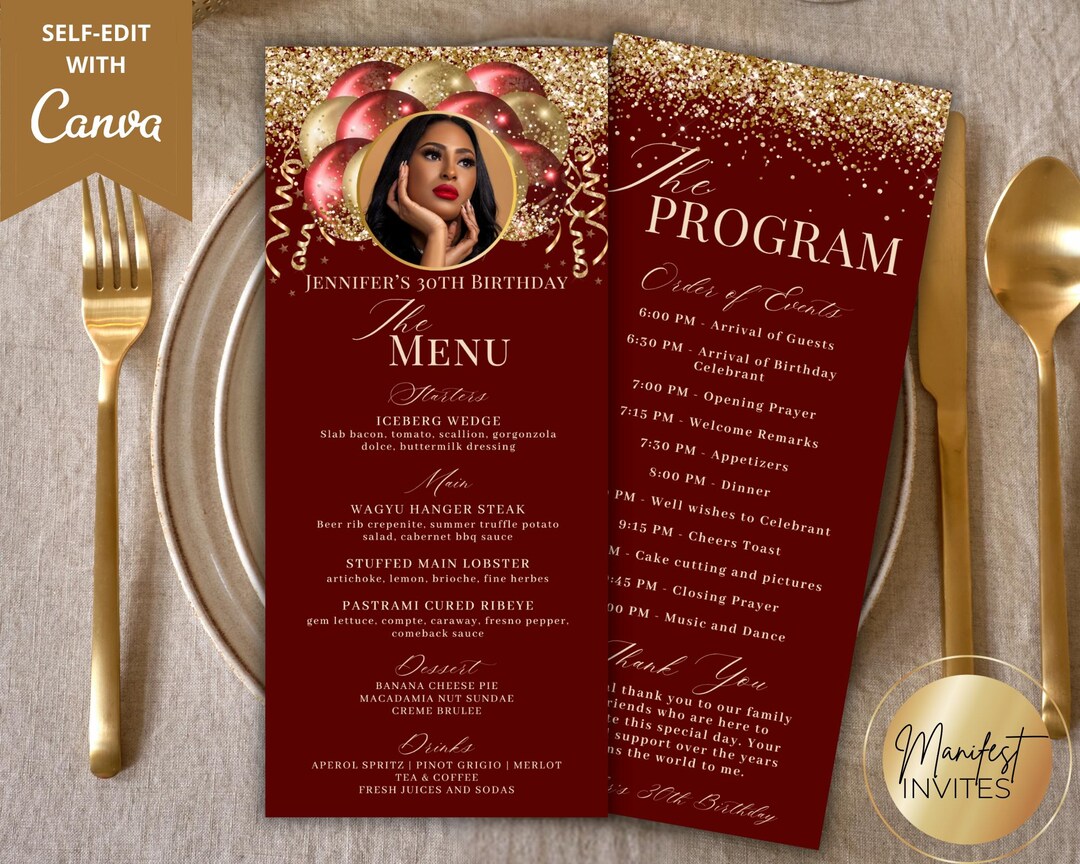 Editable Red Gold Glitter Balloons Menu Program and Thank You Photo ...
