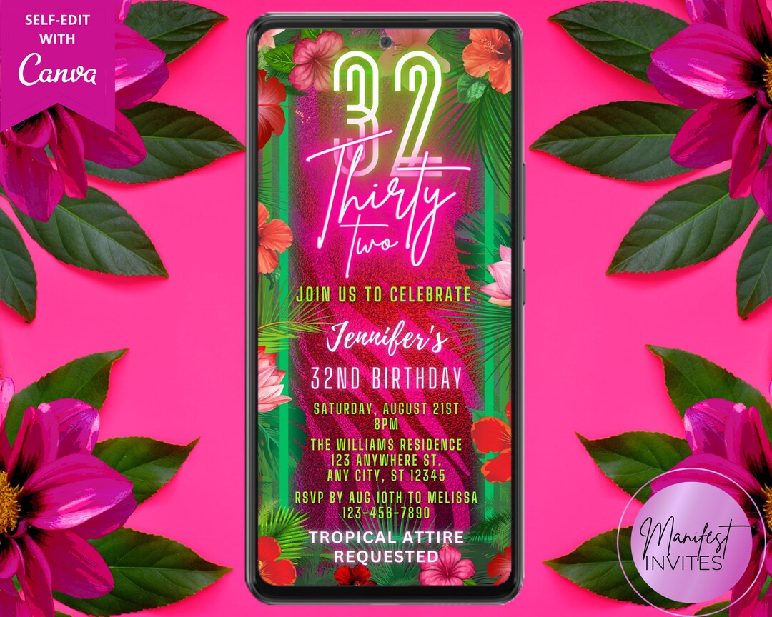Digital Tropical Pink Floral 32nd Birthday Party Invitation, Electronic ...