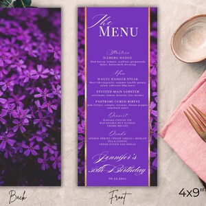 Editable Purple Floral Dinner Menu Card Template, Printable Event Menu ...