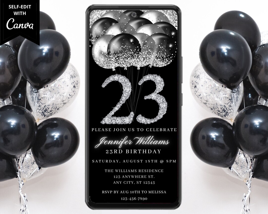 Digital 23rd Birthday Black Silver Invitation, Electronic Text Message ...