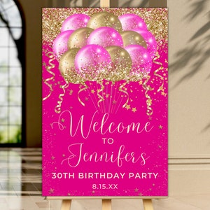 Printable Pink Gold Glitter Balloons Welcome Sign, Birthday Party Sign ...