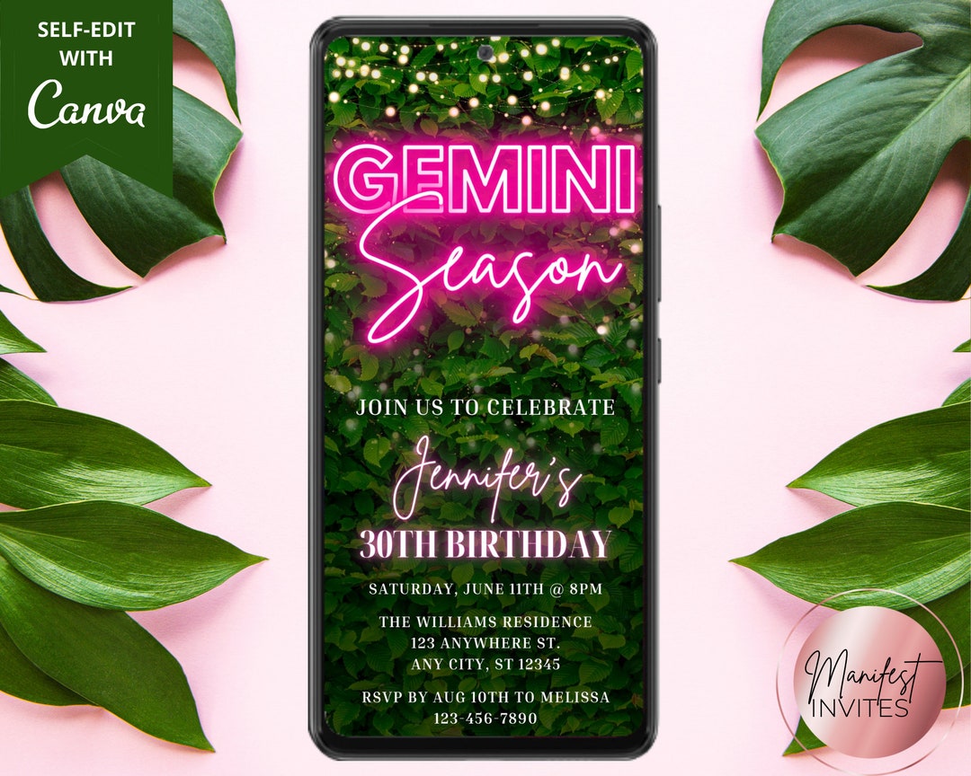 Digital Zodiac Gemini Season Birthday Party Invitation, Electronic ...