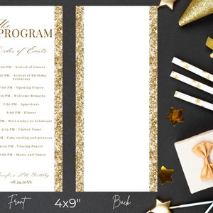 Editable White Gold Glitter Birthday Event Program Card Template ...