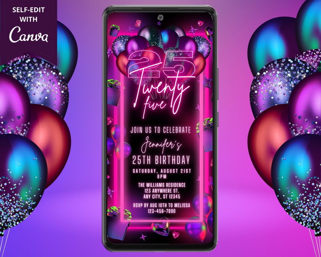 Digital 25th Pink Neon Balloons Birthday Party Invitation, Electronic ...