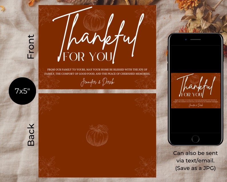 Editable Modern Thankful for You Thanksgiving Greeting Card, Pumpkin ...