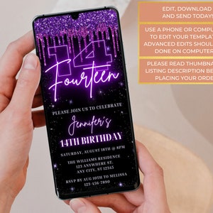 Digital Fourteen 14th Birthday Party Invite, Electronic Phone Text ...
