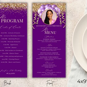 Editable Picture Purple Gold Glitter Balloons Menu and Program Card ...