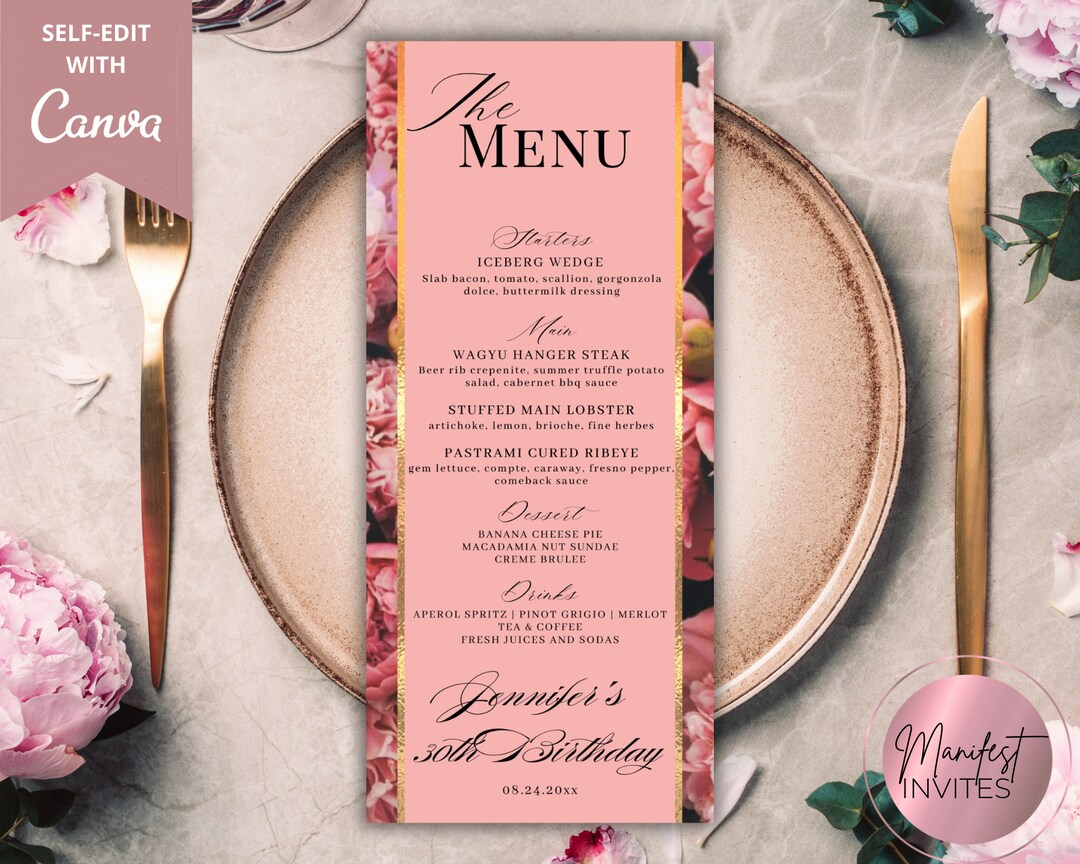 Editable Blush Pink Floral Dinner Menu Card Template, Printable Event ...