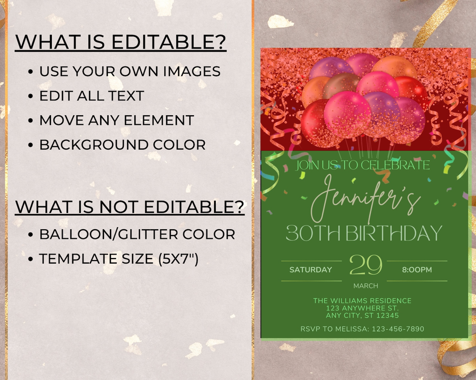 Editable Rainbow Gold Glitter Balloons Birthday Party Invitation ...