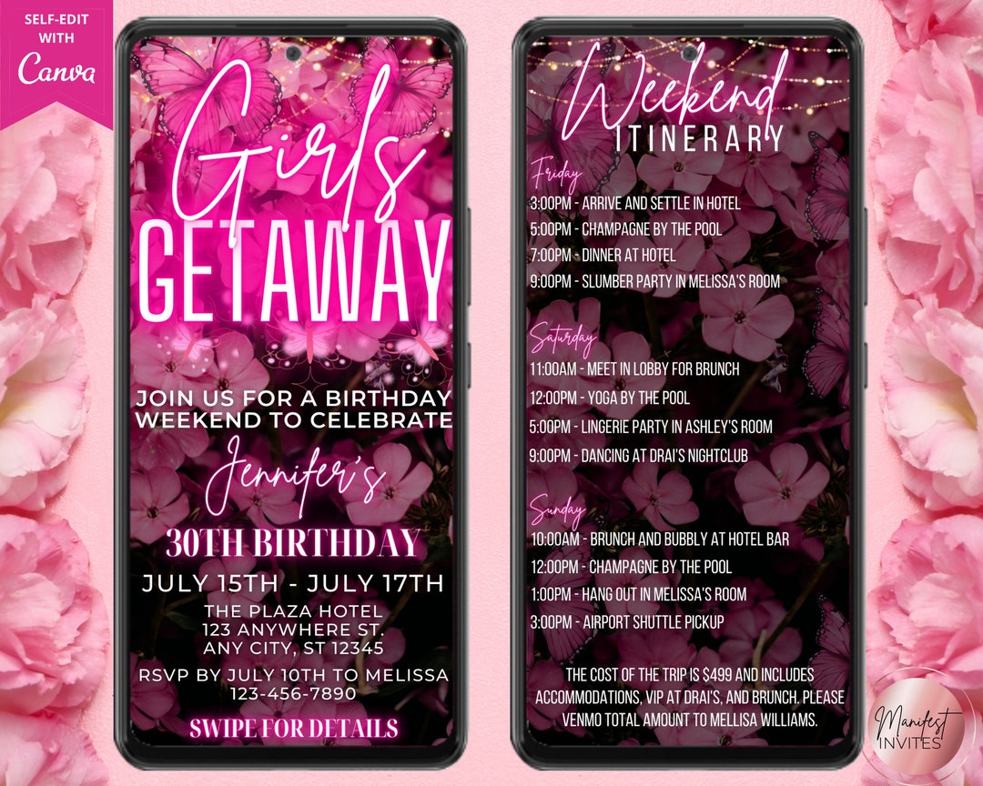 Digital Girls Getaway Birthday Weekend Itinerary Pink Floral Invitation ...