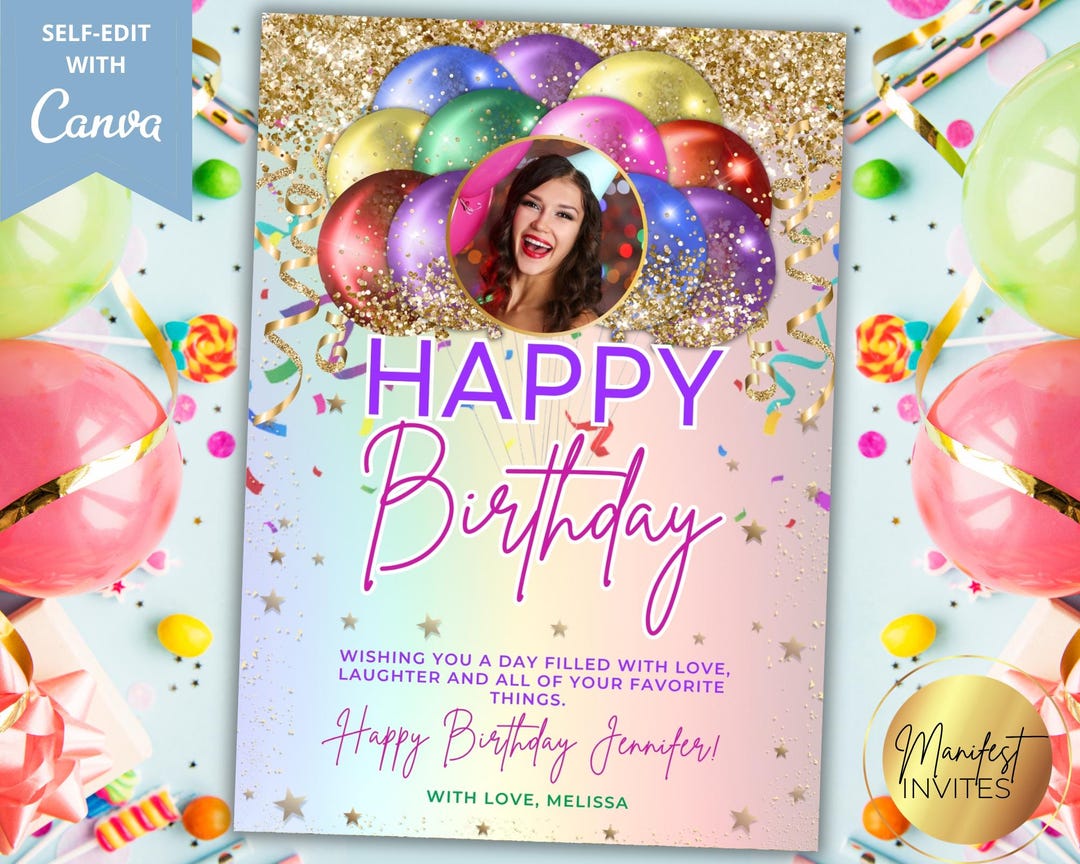 Editable Glam Photo Happy Birthday Greeting Card, Colorful Rainbow Gold ...