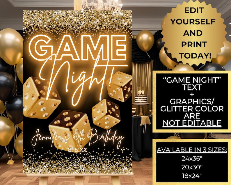Editable Game Night Birthday Party Gold Neon Glitter Welcome Sign ...