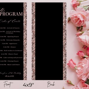 Editable Rose Gold Glitter Birthday Event Program Card Template ...