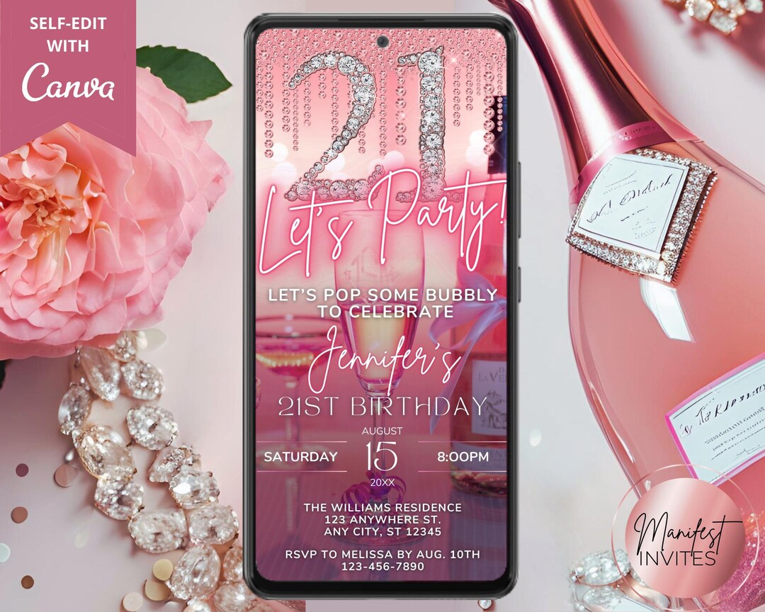 Digital 21st Birthday Party Glam Invitation, Let's Party Pink Champagne ...