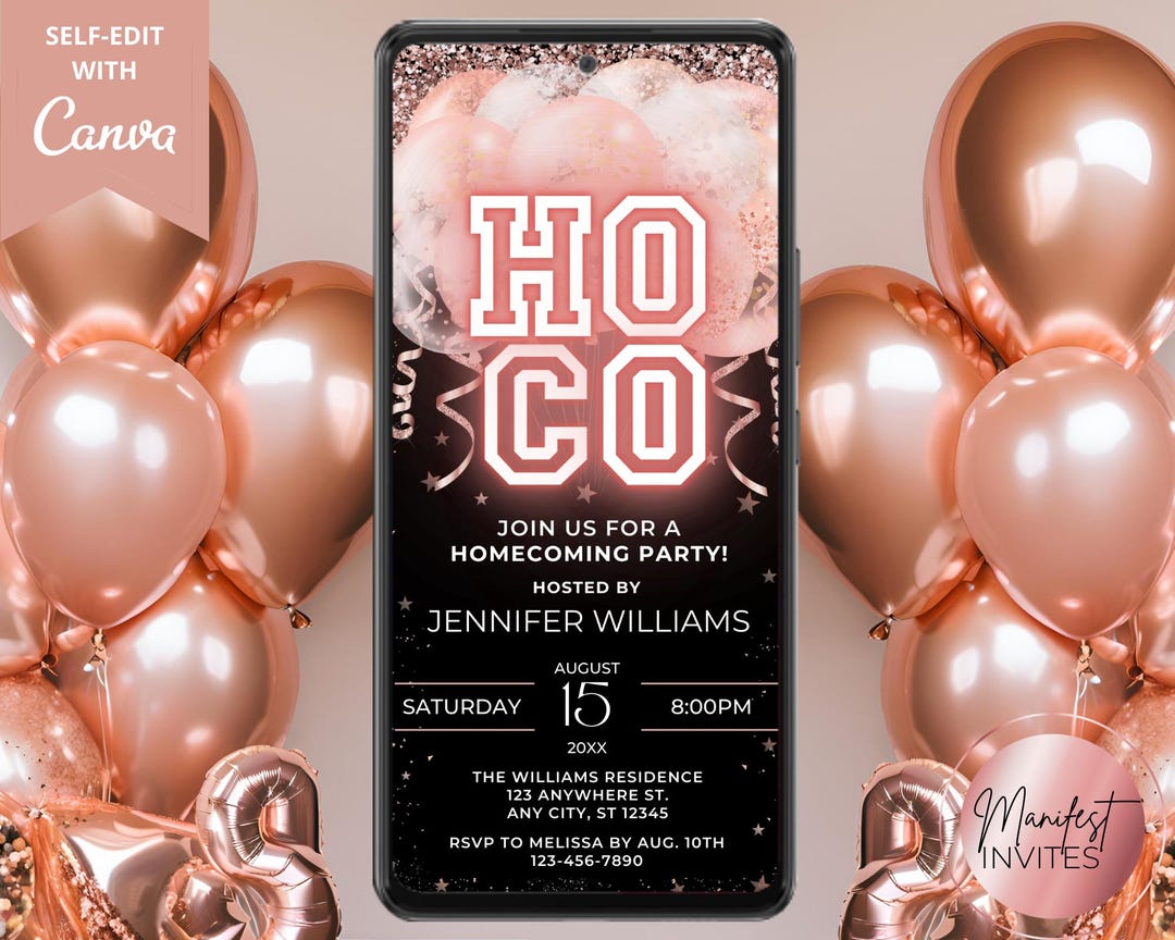 Digital Homecoming Celebration Party Pink Rose Gold Balloons Invitation ...