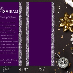 Editable Purple Silver Glitter Birthday Event Program Card Template ...