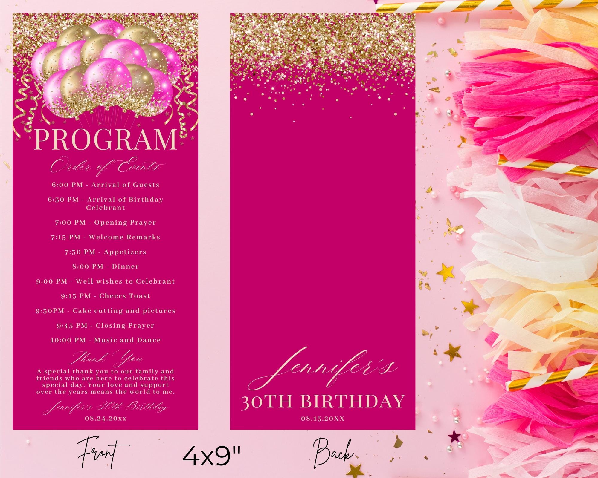Editable Elegant Pink Gold Glitter Balloons Program and Thank You Card ...