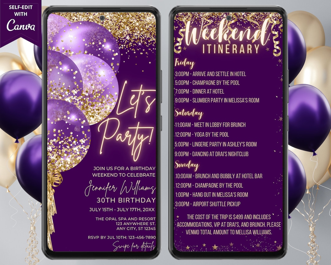 Digital Purple Gold Birthday Weekend Invitation, Weekend Itinerary ...
