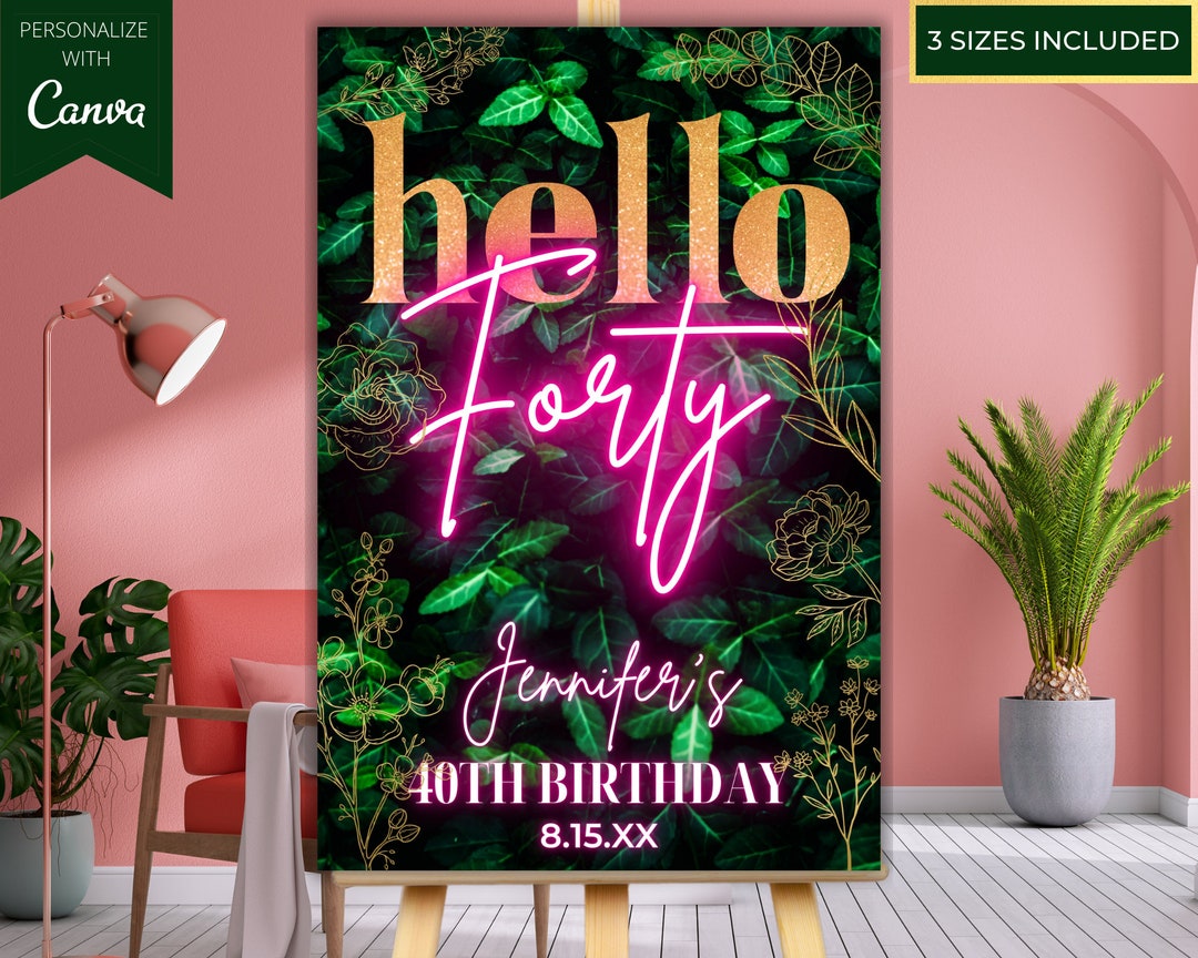 Editable Hello Forty 40th Birthday Party Pink Gold Greenery Welcome ...