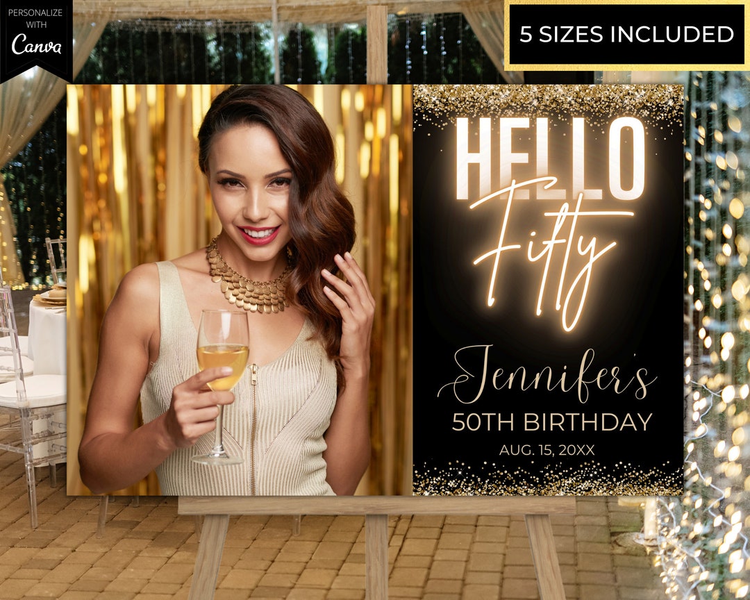 Editable Hello Fifty 50th Birthday Photo Template Welcome Sign, Gold ...