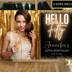 Editable Hello Fifty 50th Birthday Photo Template Welcome Sign, Gold ...