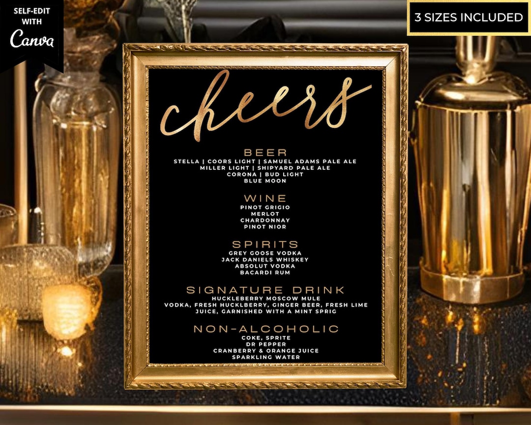 Editable Elegant Modern Cheers Black Gold Bar Menu Template, Printable ...