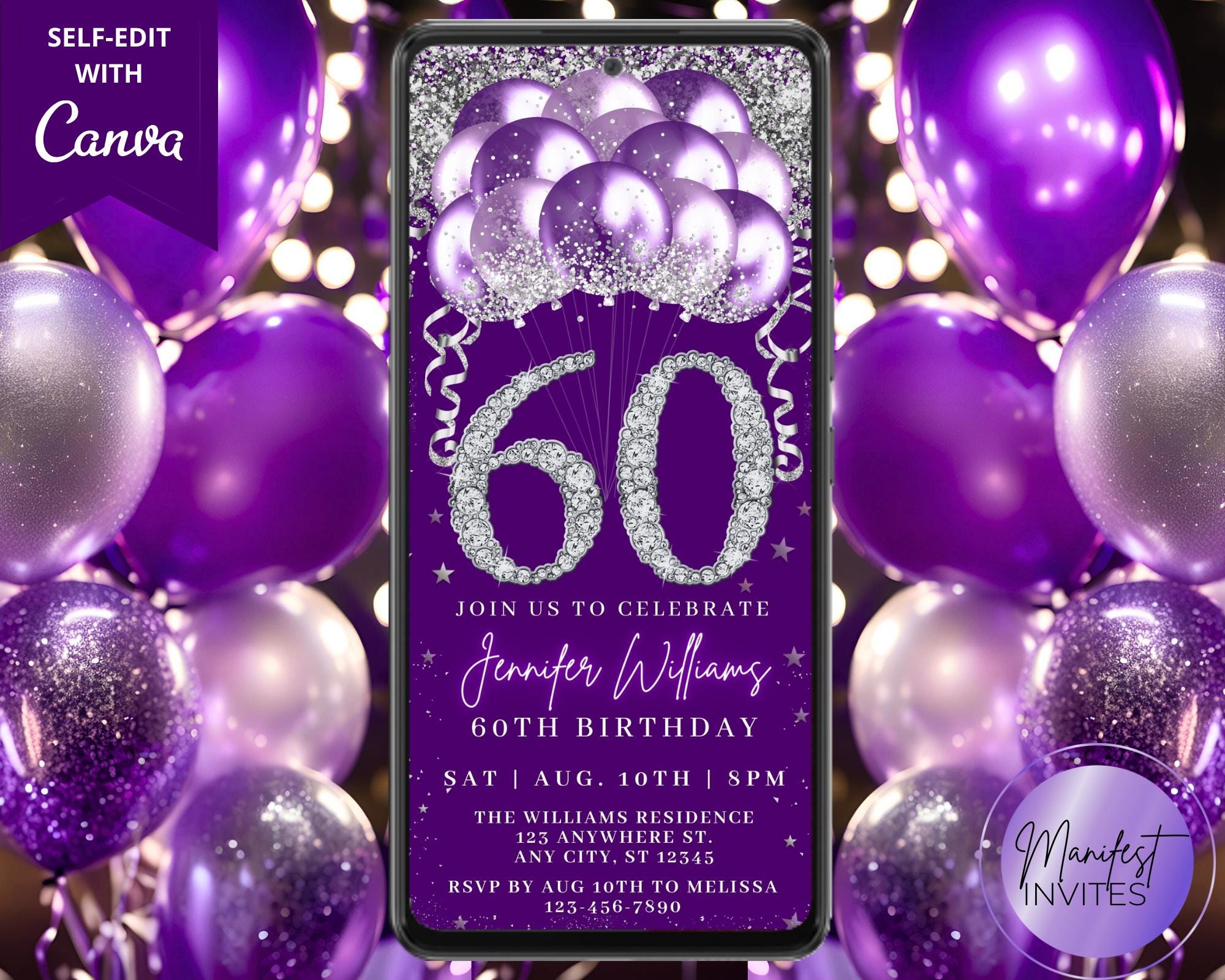 Digital 60th Birthday Diamond Purple Silver Balloons Party Invitation ...