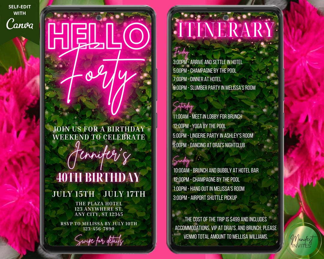 Digital Hello Forty 40th Birthday Weekend Itinerary Details Invitation ...