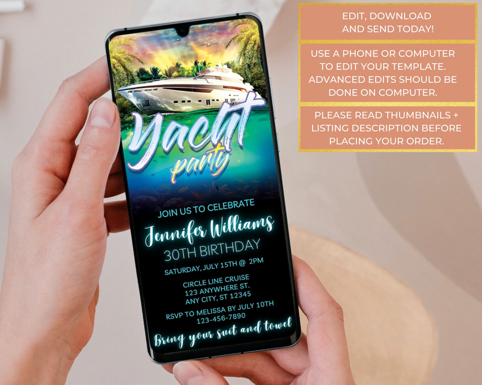 Digital Tropical Yacht Birthday Party Invitation, Electronic Phone Text ...