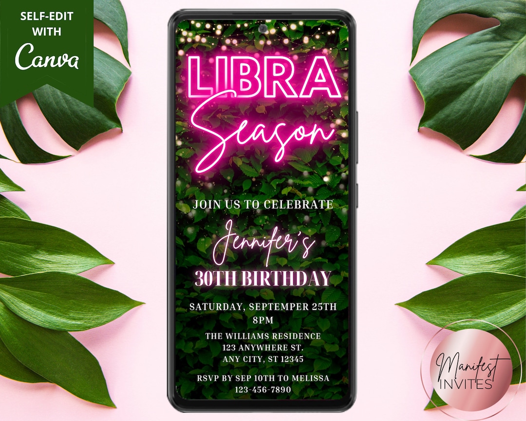 Digital Zodiac Libra Season Birthday Party Invitation, Electronic Phone ...