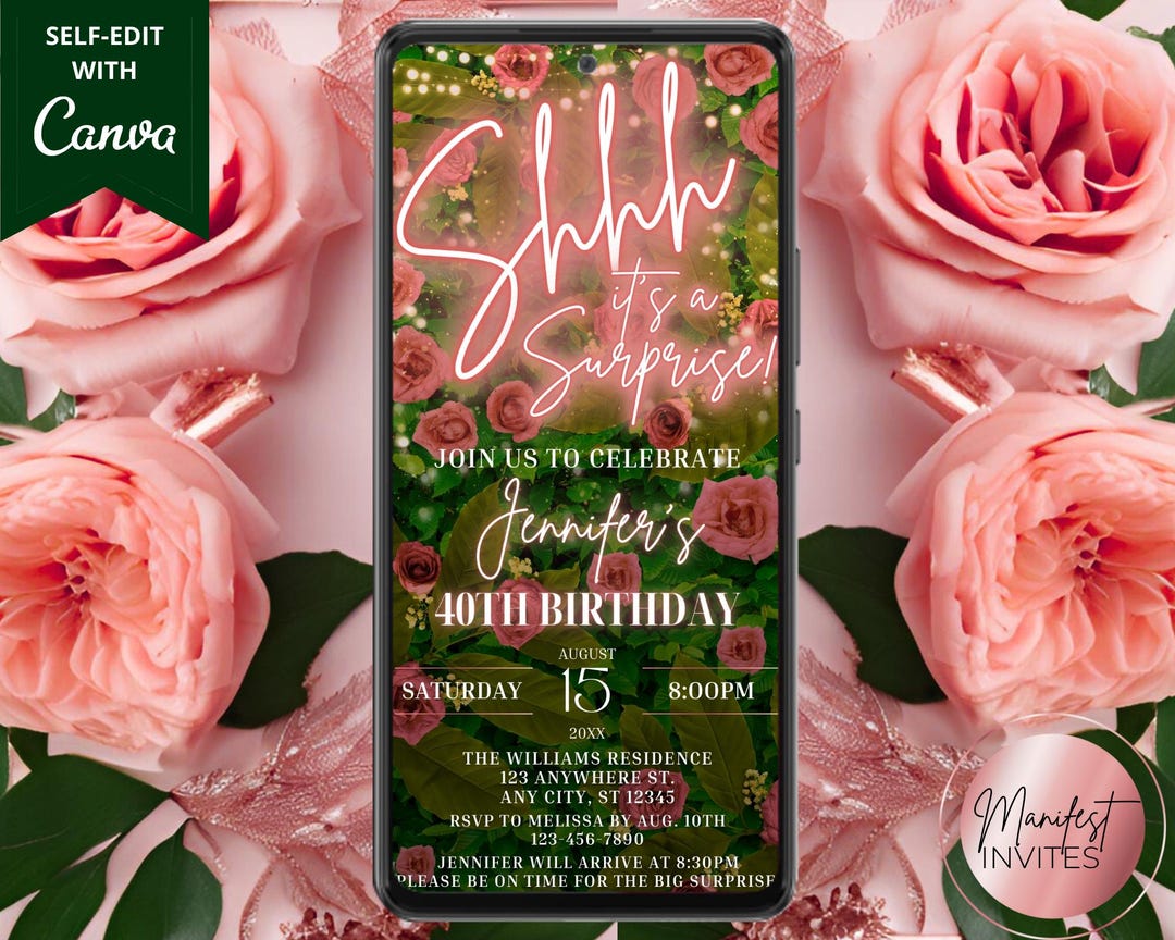 Digital Shhh It's a Surprise Pink Rose Gold Floral Greenery Birthday ...