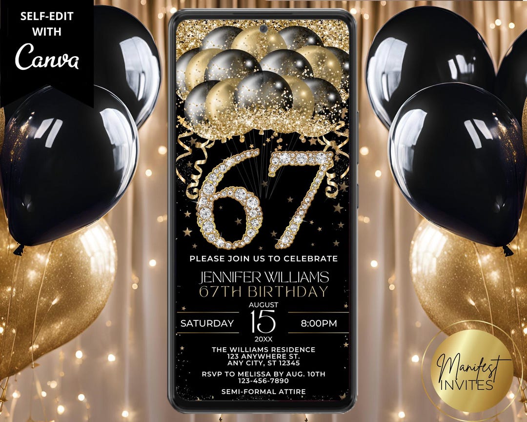 Digital Glam 67th Birthday Party Invitation, Elegant Diamond Black Gold ...