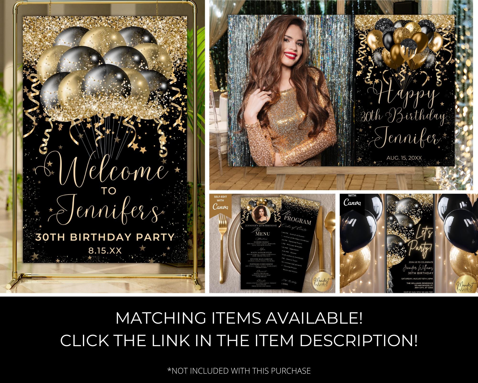 Editable Elegant Black Gold Glitter Birthday Menu and Program Card ...