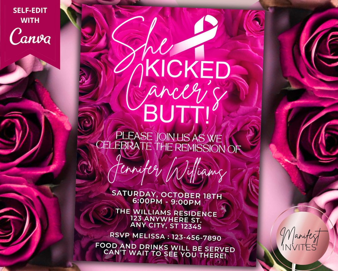 Editable Elegant Breast Cancer Survivor Party Invitation, She Kicked ...