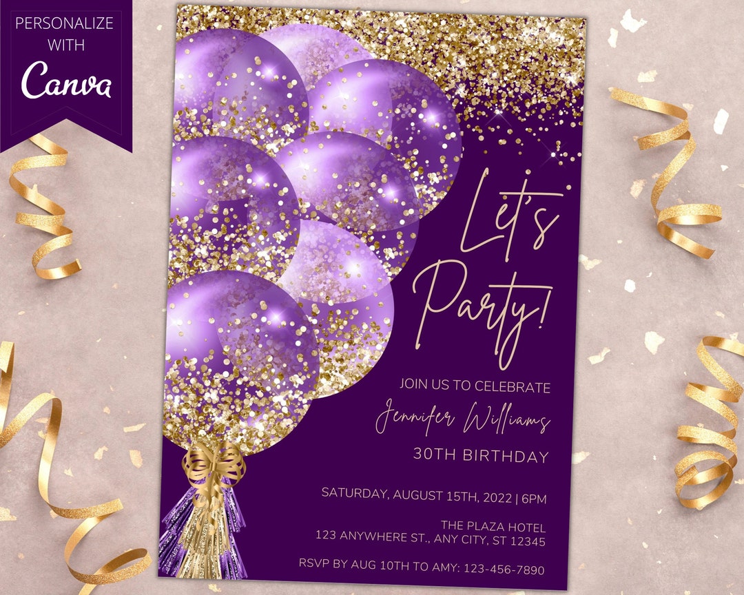 Editable Purple Gold Balloons Birthday Party Invitation, Printable ...