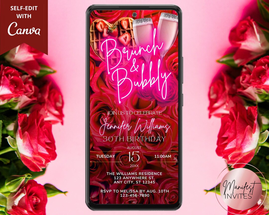 Digital Brunch and Bubbly Pink Neon Red Floral Roses Party Invitation ...