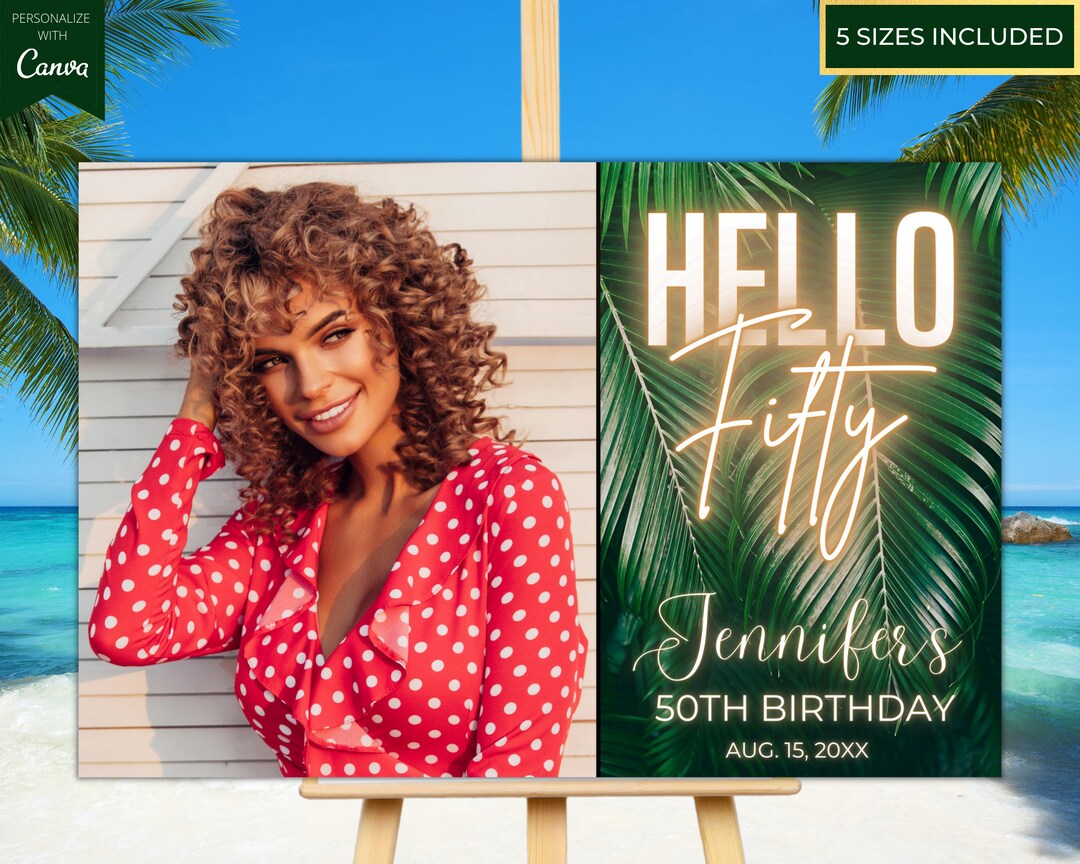 Editable Hello Fifty 50th Birthday Photo Template Tropical Welcome Sign ...