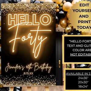Editable Hello Forty 40th Birthday Party Welcome Sign Template ...