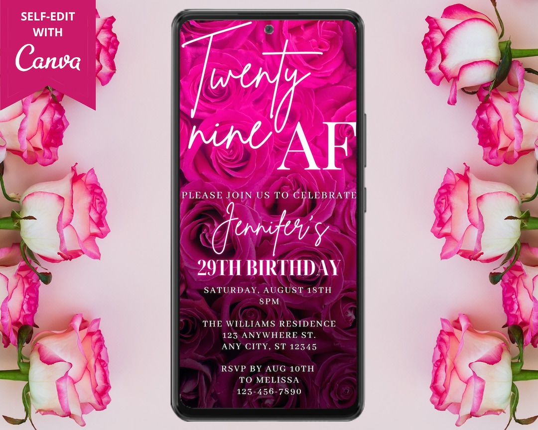 Digital 29 AF Hot Pink Floral Roses 29th Birthday Party Invitation ...