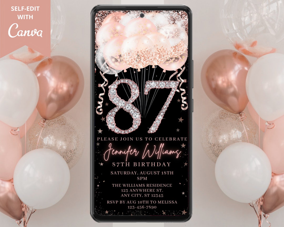 Digital 87th Birthday Pink Rose Gold Diamond Balloons Party Invitation ...