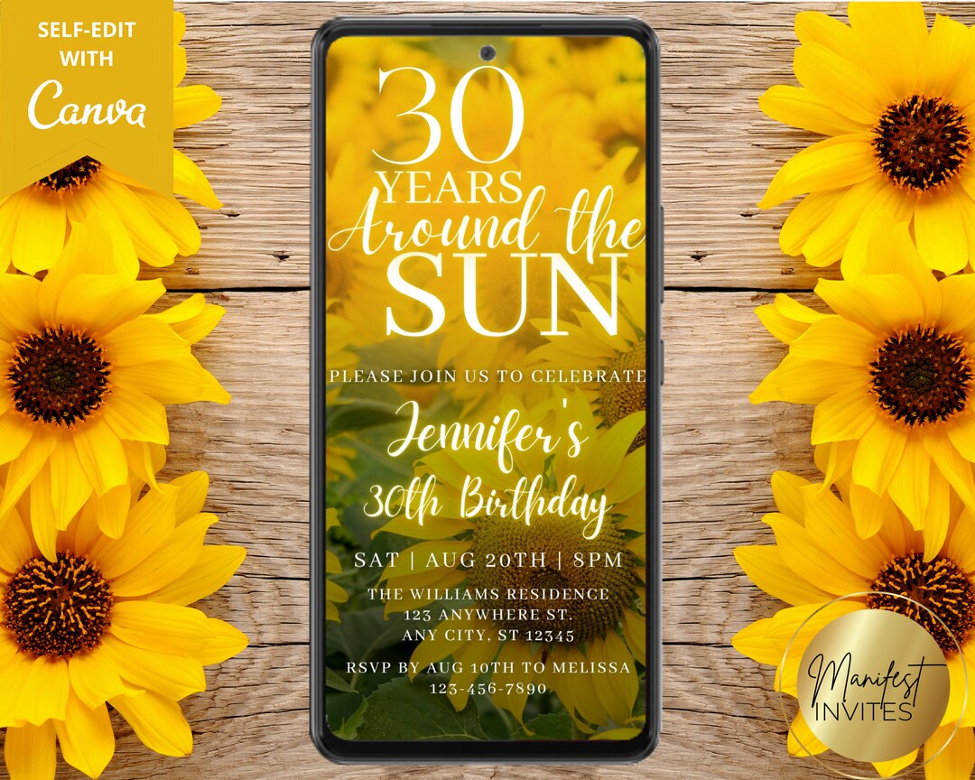 Digital Any Age Years Around the Sun Yellow Sunflower Floral Birthday ...